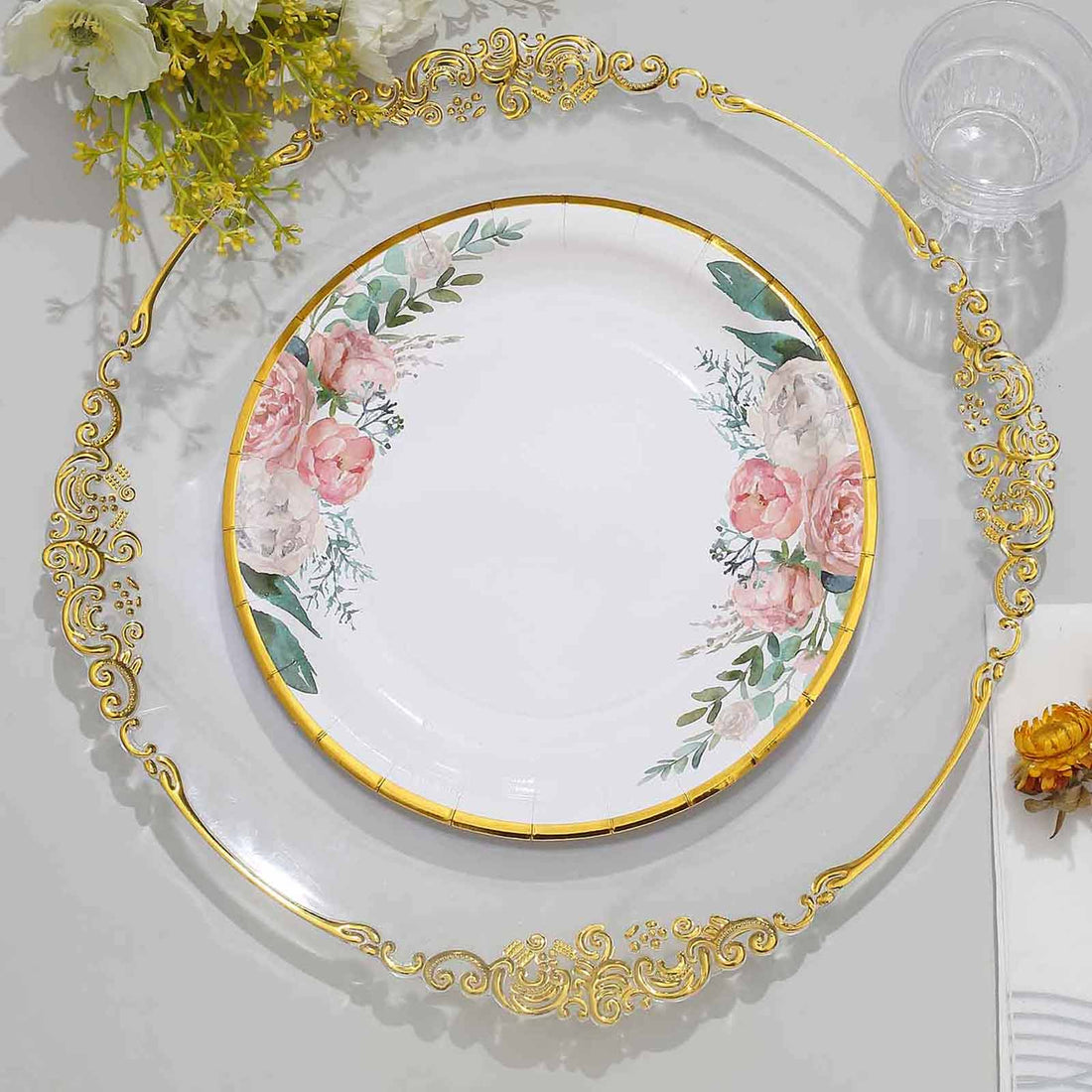 25pk 9" Round Plates Paper Peony Gold White | eFavormart