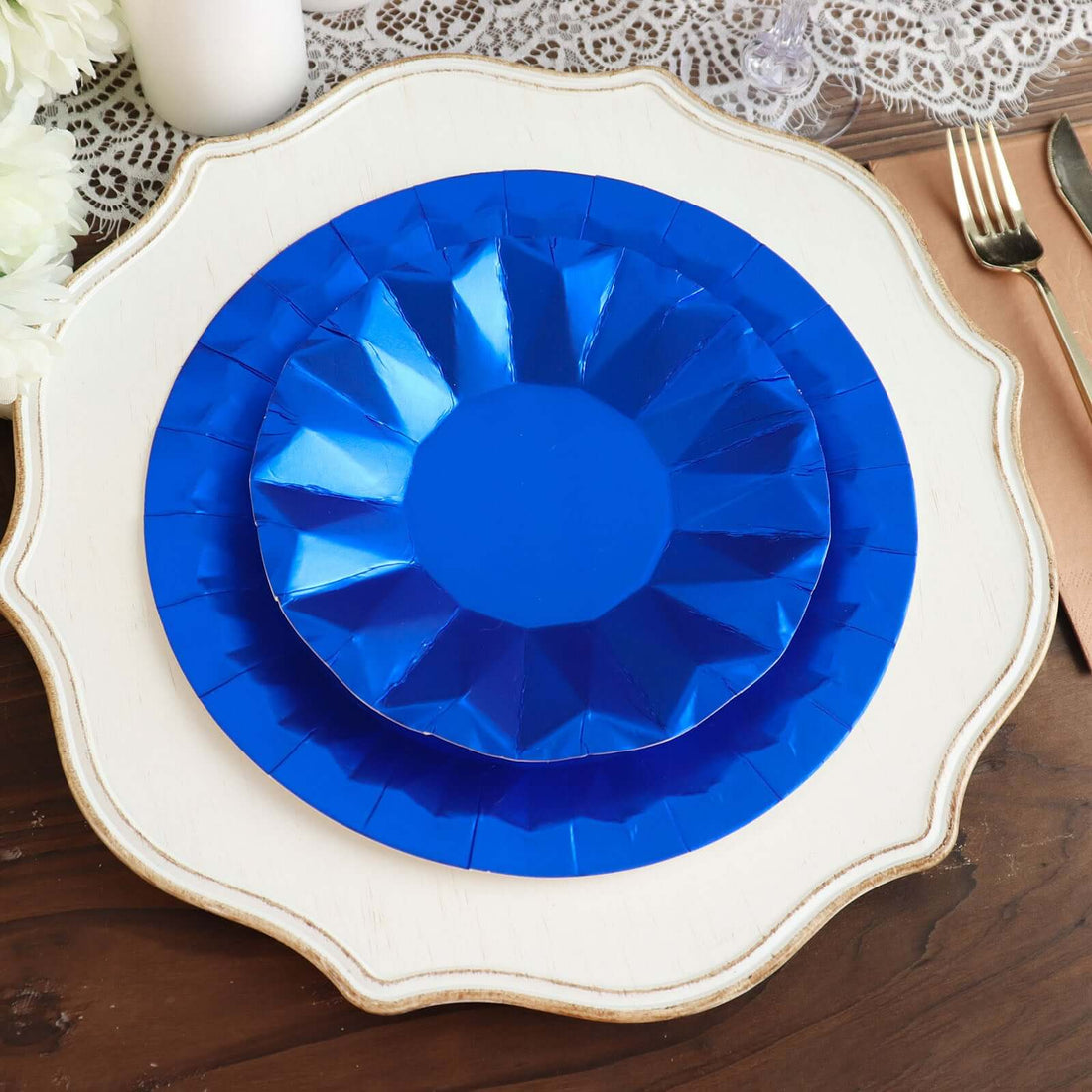 Paper Round Geometric Dinner Plates 9" Royal Blue | eFavormart