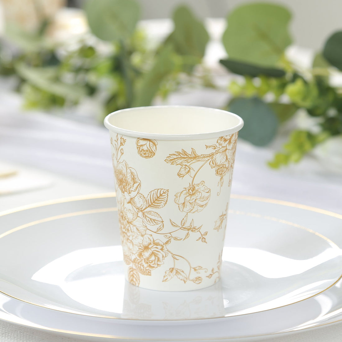 French Toile Paper Cups 9oz White/Gold | eFavormart