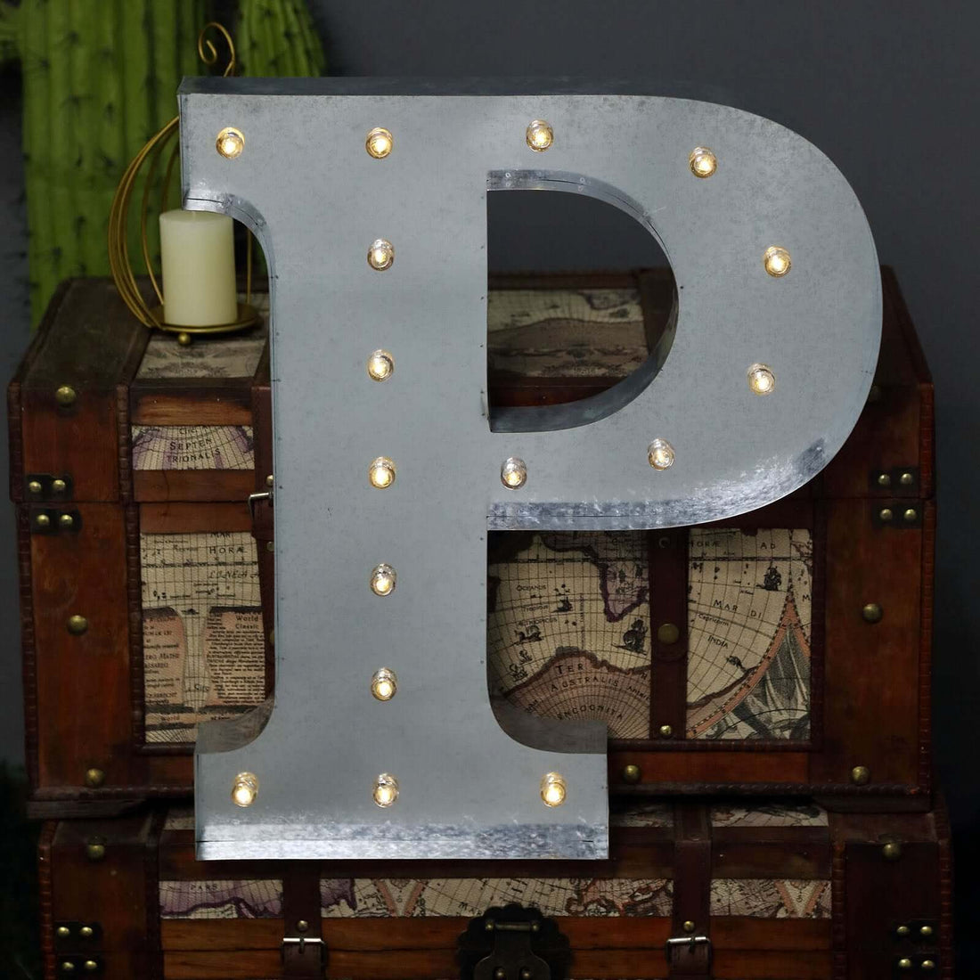 Vintage Galvanized Metal Marquee P Letter Light | eFavormart
