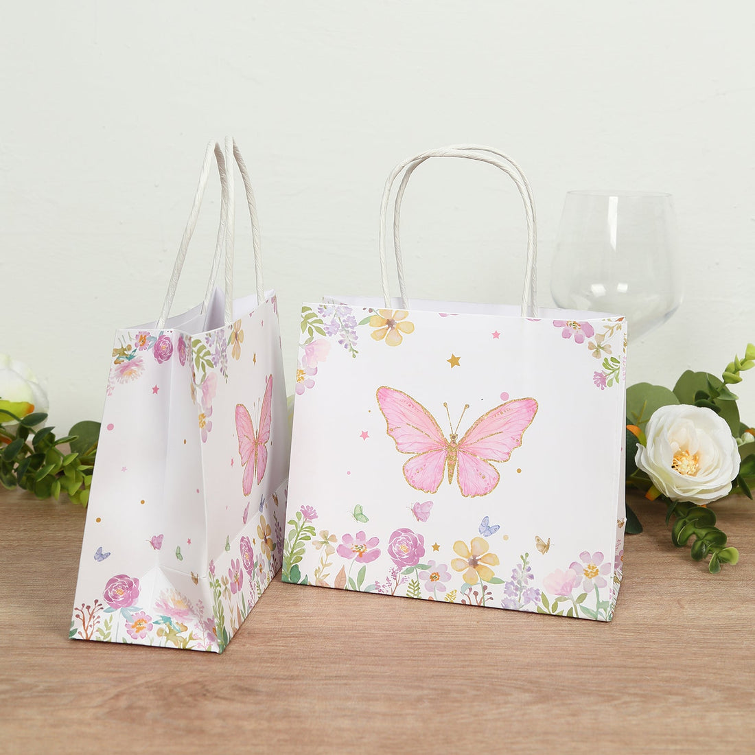 Floral Pink Glitter Butterfly Gift Bags | eFavormart