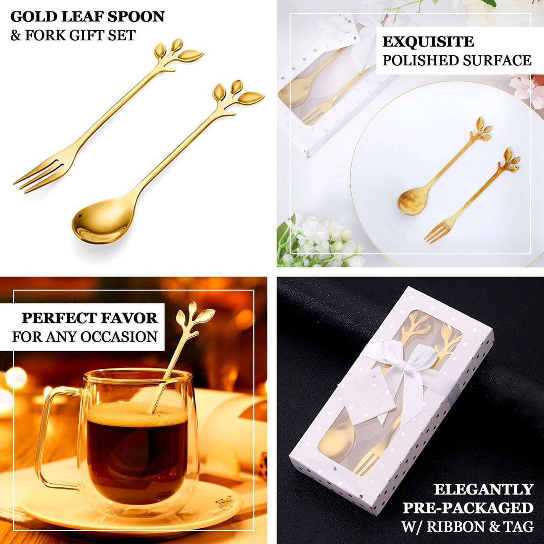 Gold Metal Leaf Handle Dessert Forks 4-Pack | eFavormart
