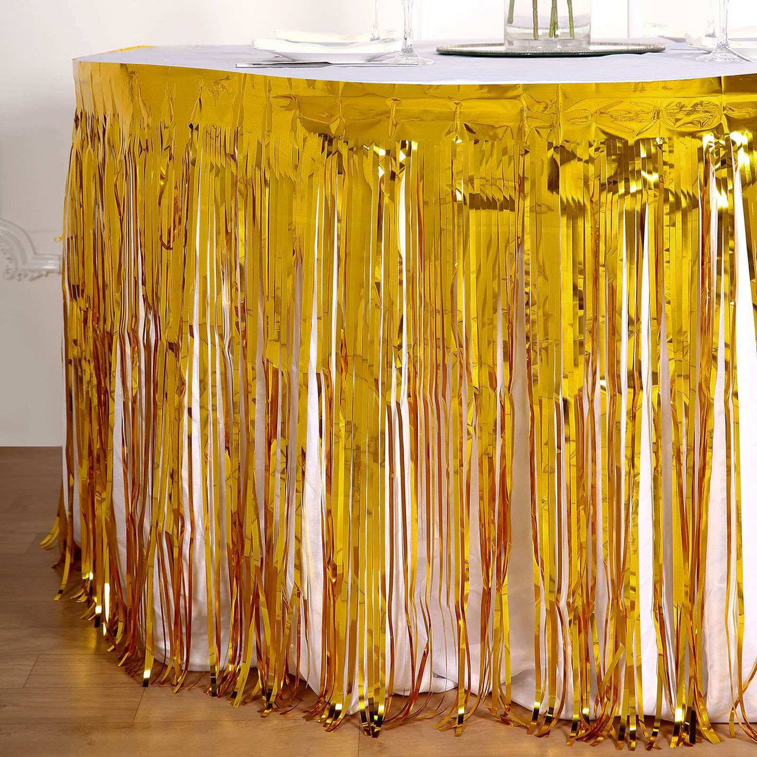Metallic Foil Fringe Table Skirt 30"x9ft Gold | eFavormart