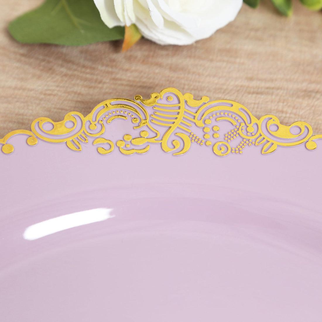 Plastic Charger Plates Lavender w/ Gold Rim | eFavormart