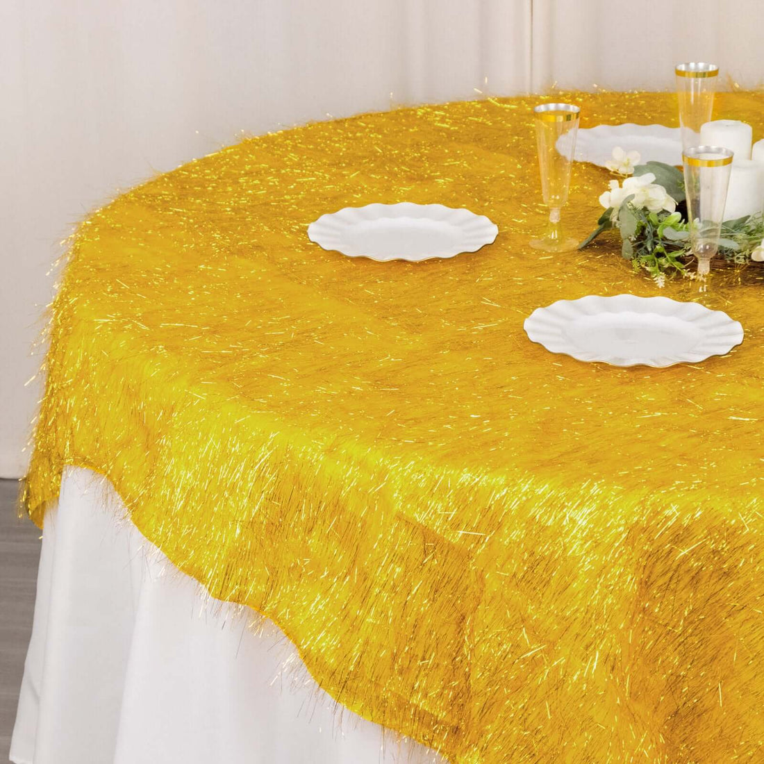Fringe Tinsel Table Overlay 72"x72" Gold | eFavormart