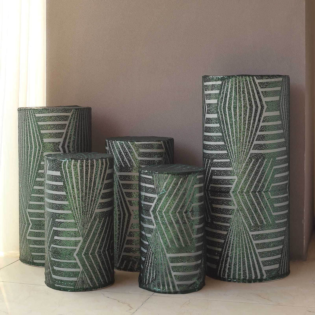 5 Green Sequin Mesh Cylinder Pillar Prop Covers | eFavormart