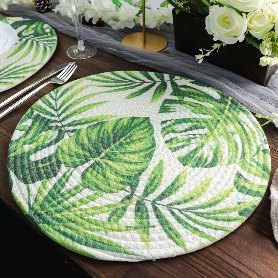 Cotton Round Placemats Tropical Leaf Green 15" | eFavormart