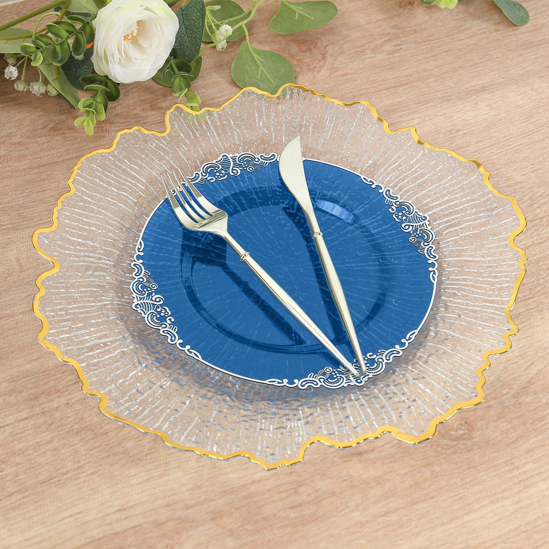 Embossed Rim Plastic Salad Plates 8" Navy Blue/Silver | eFavormart