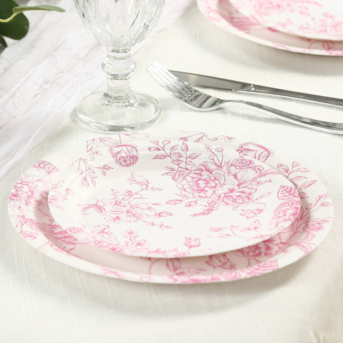French Toile Paper Round Dessert Plates 7" White/Pink | eFavormart