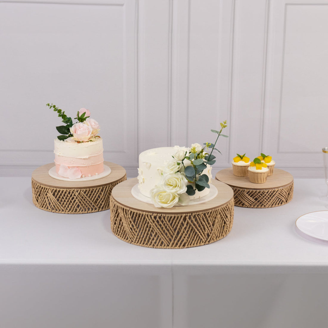 Set of 3 Jute Rattan with Wooden Top Cake Stands Natural | eFavormart