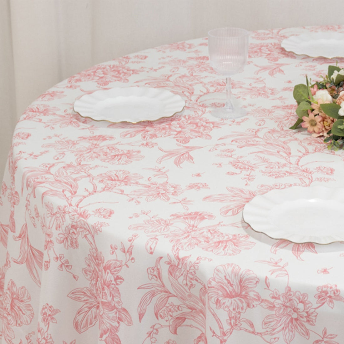 120" Pink Toile Polyester Tablecloth | eFavormart