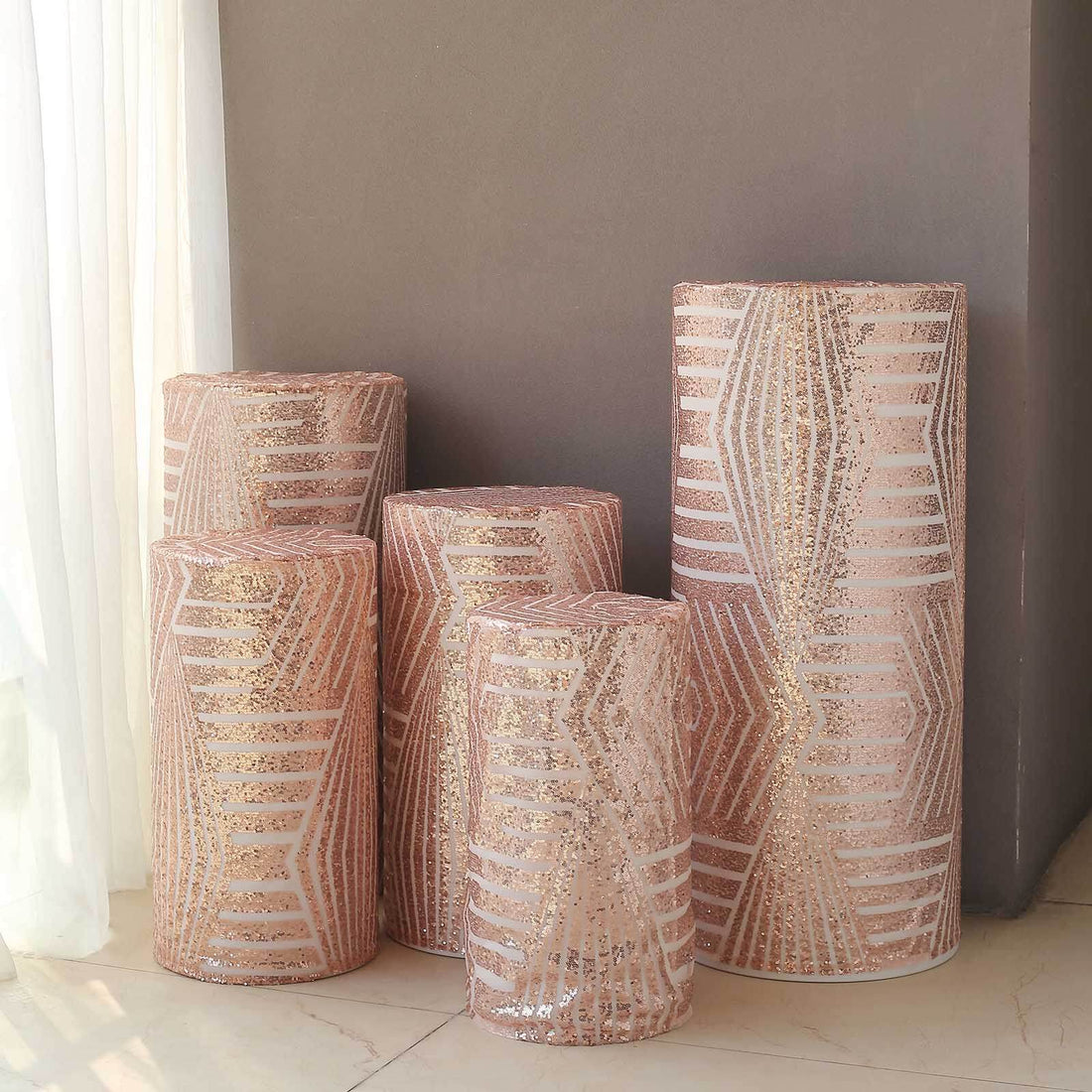 5 Rose Gold Sequin Mesh Cylinder Pillar Prop Covers | eFavormart