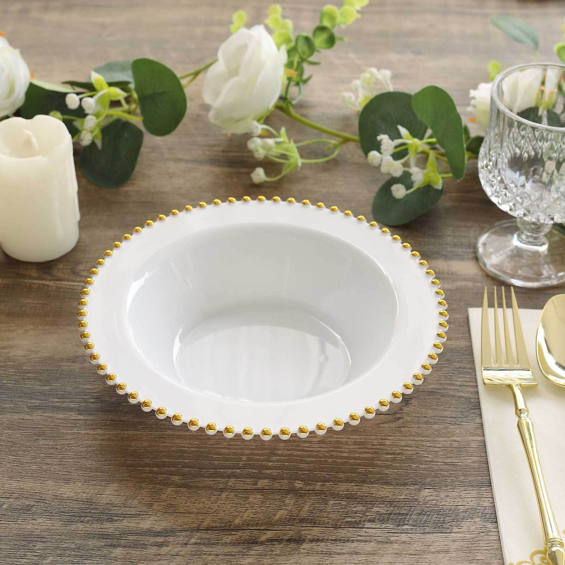 White Plastic Bowls with Gold Beaded Rim 12oz | eFavormart