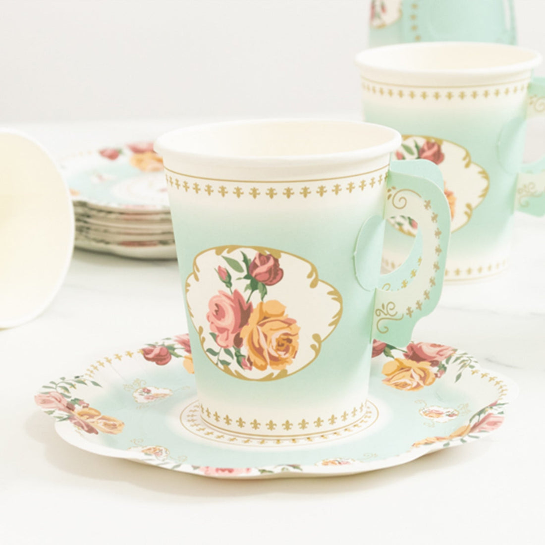 Paper Cups Saucers Rose Floral Set 25 Pack Turquoise | eFavormart