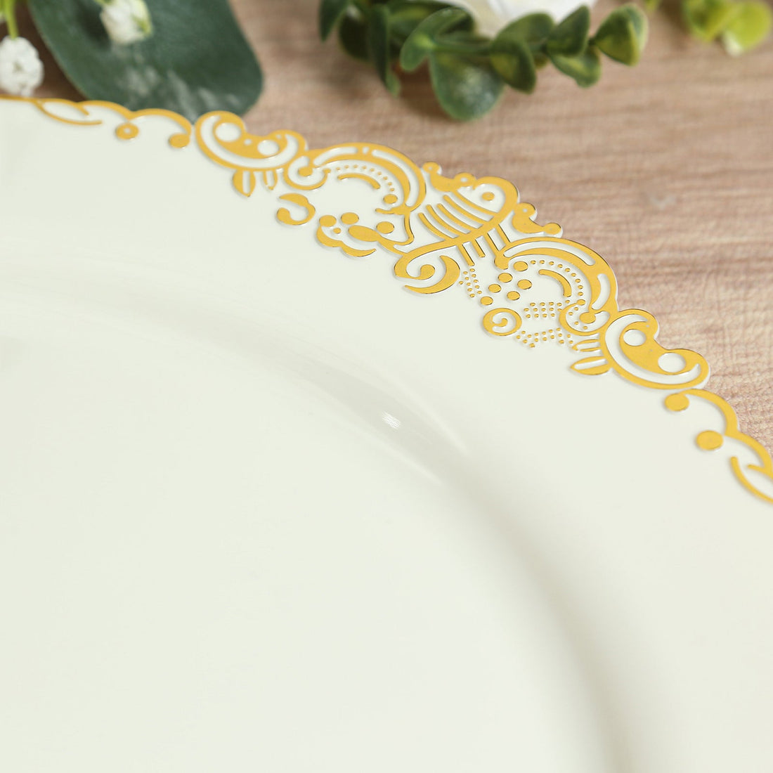 Plastic Charger Plates Ivory w/ Gold Rim | eFavormart