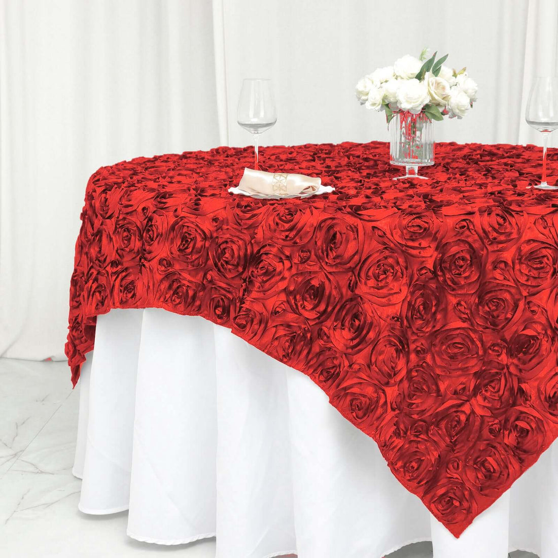 Rosette Satin Table Overlay 72"x72" Red | eFavormart