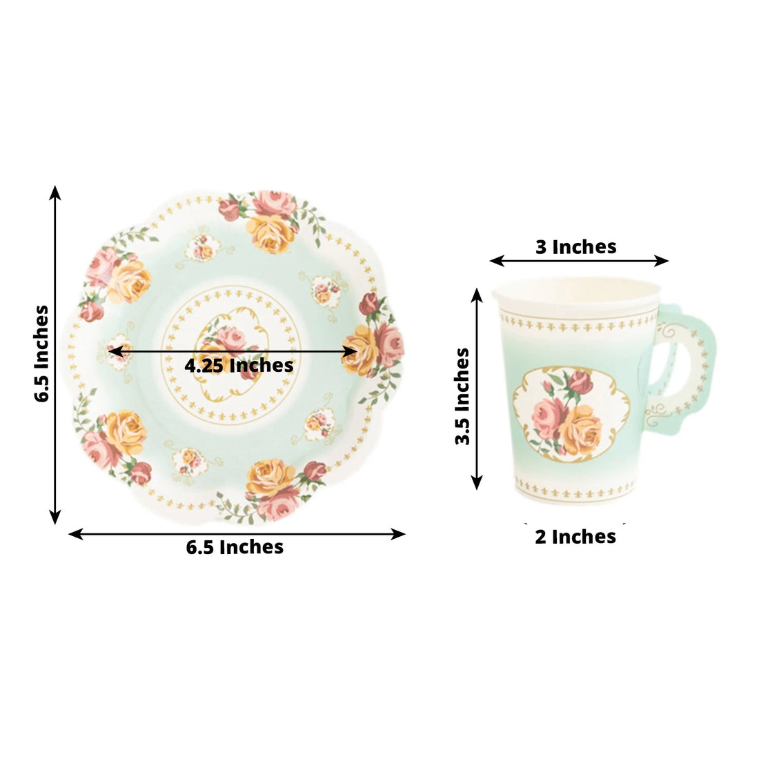 Paper Cups Saucers Rose Floral Set 25 Pack Turquoise | eFavormart