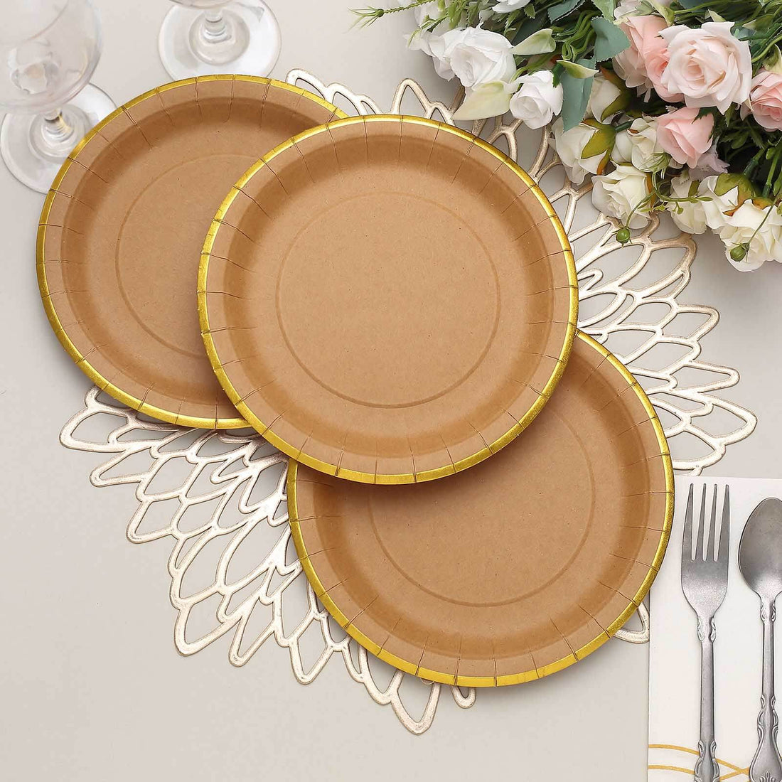 25pk 8in Plates Kraft Paper Gold Rim Brown | eFavormart