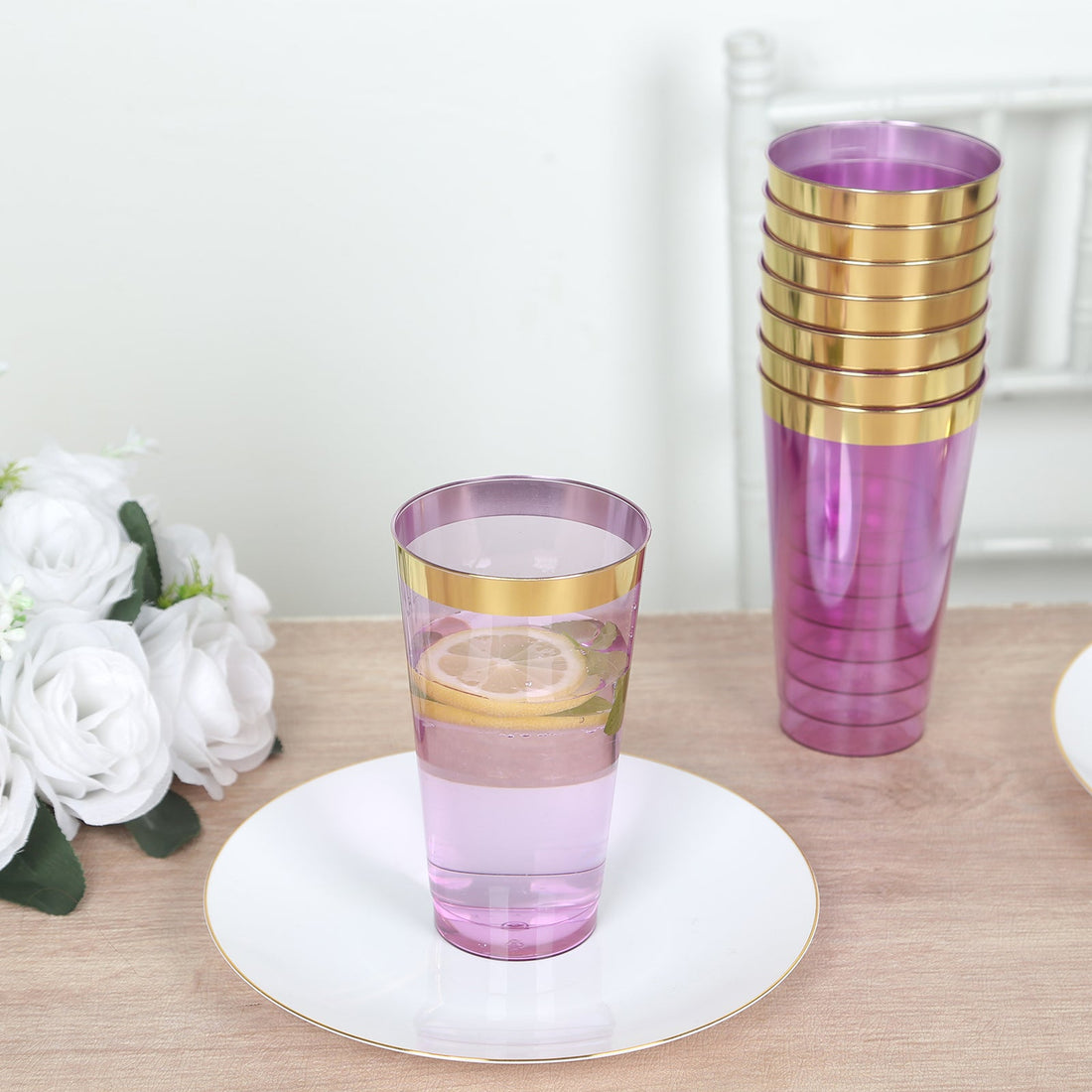 Plastic Party Cups 17oz Transparent Purple with Gold Rim | eFavormart