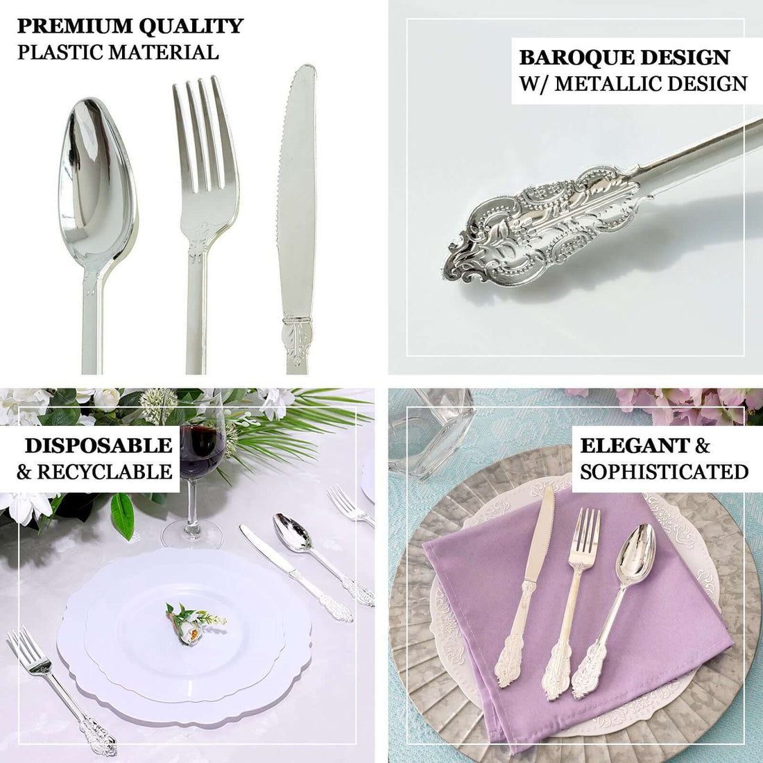 24pc Baroque Silverware Set Heavy Duty Silver | eFavormart