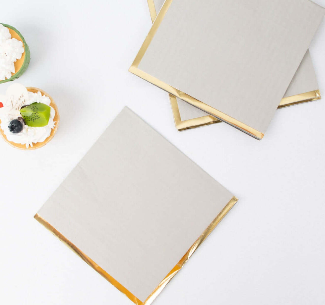 Paper Beverage Napkins 6.5"x6.5" Gray with Gold Foil Edge | eFavormart