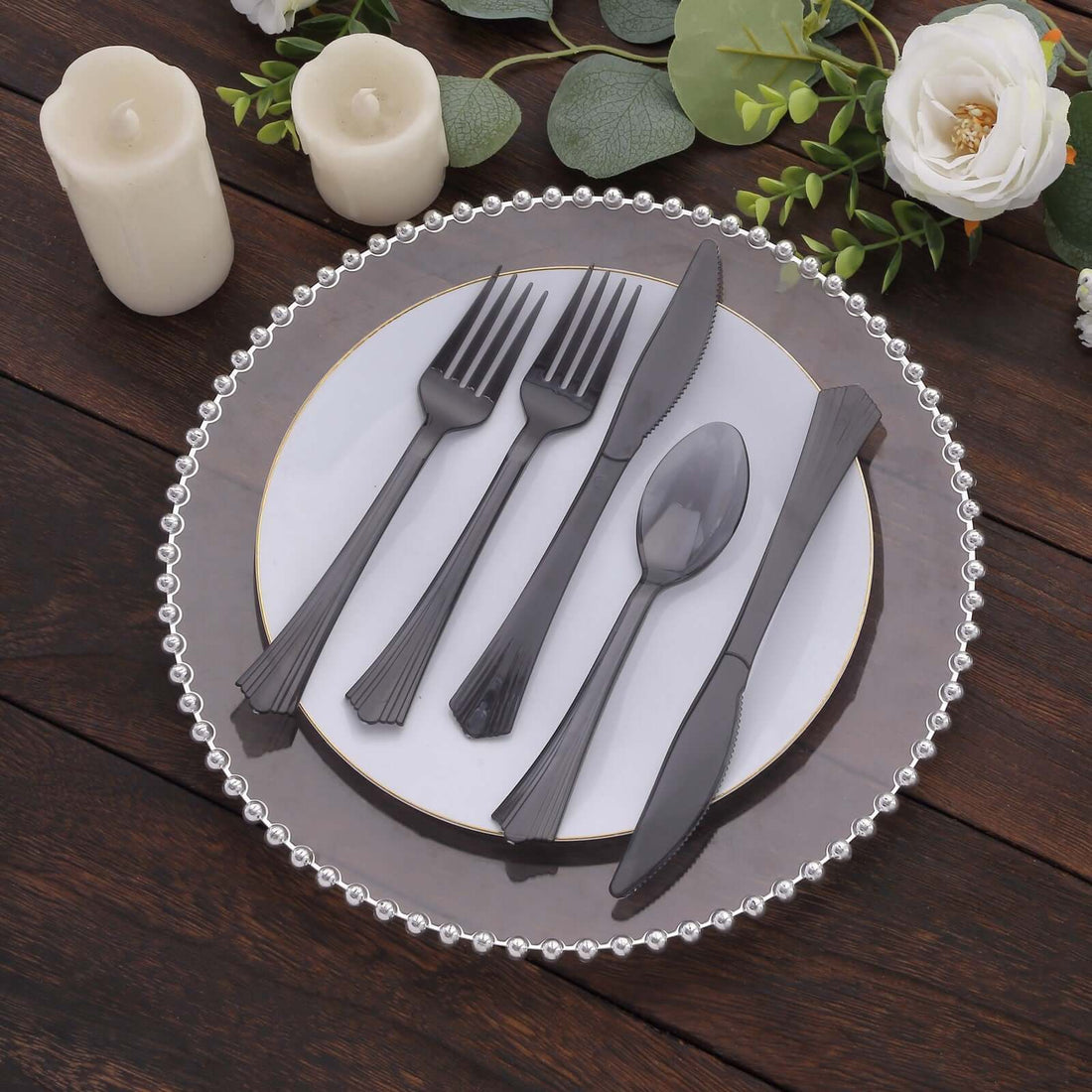 Plastic Silverware Set 7" Fan Flared Transparent Black | eFavormart