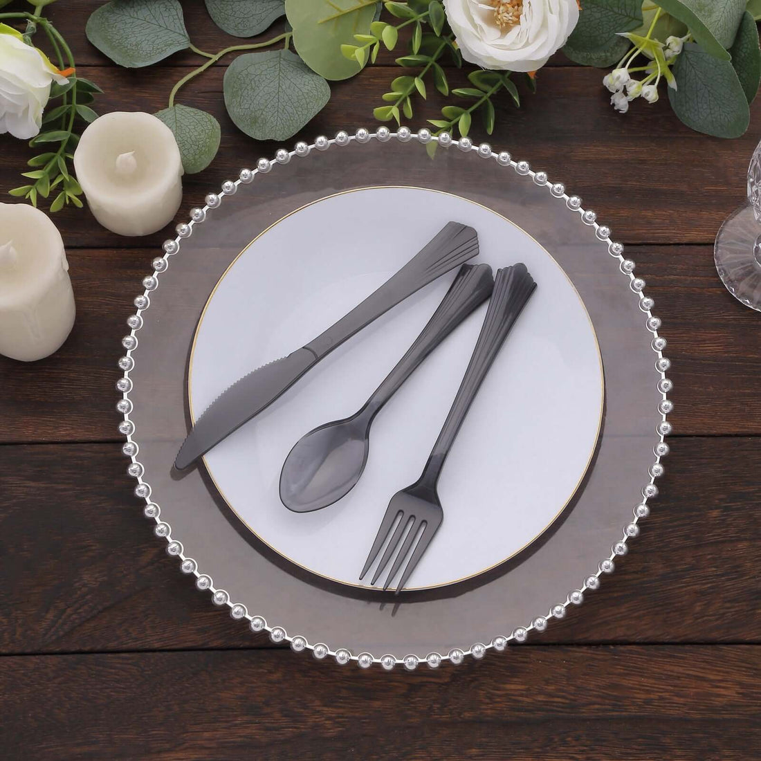 Plastic Silverware Set 7" Fan Flared Transparent Black | eFavormart