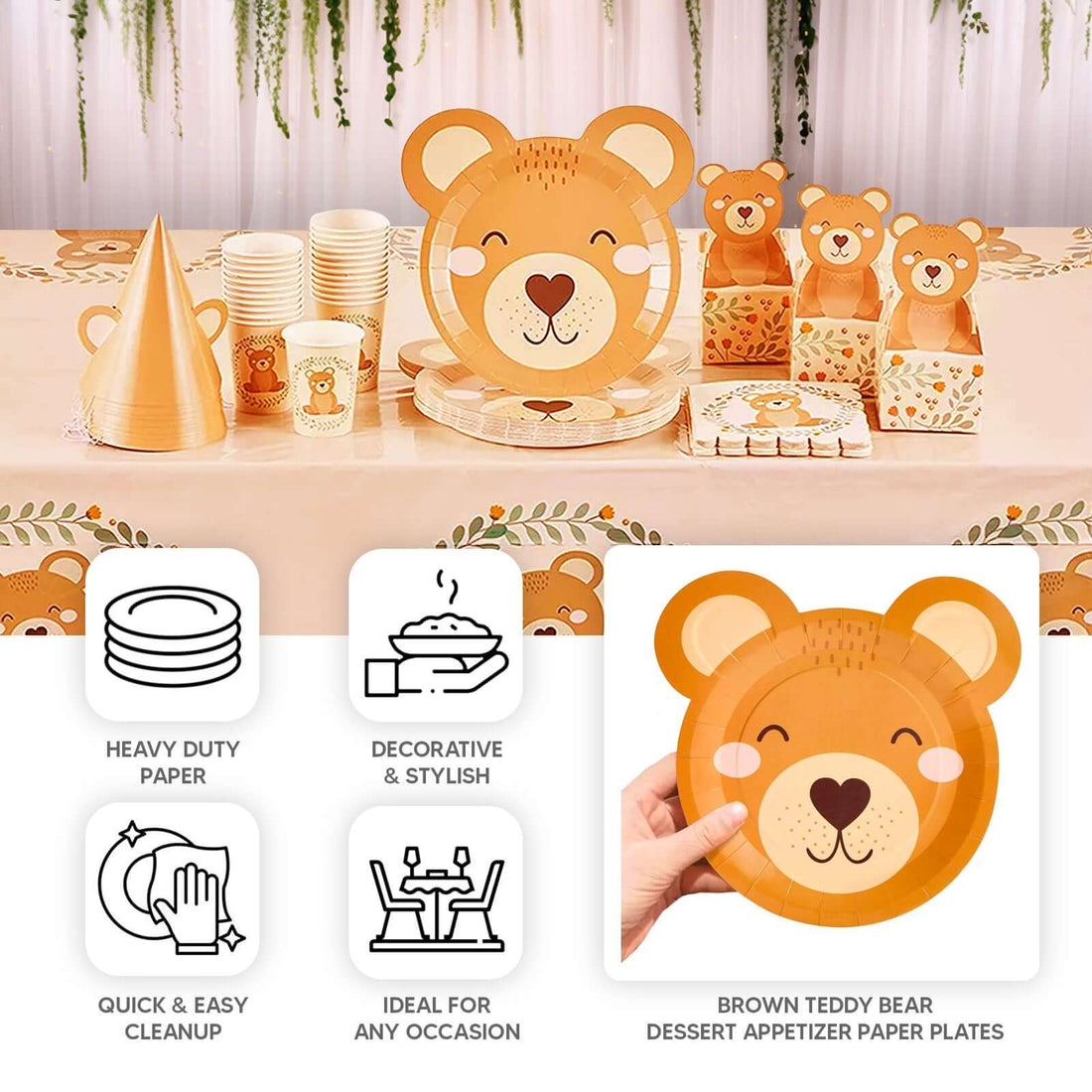Paper Round Plates Brown Teddy Bear Print 7" | eFavormart