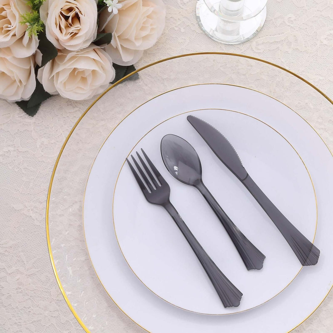Plastic Silverware Set 7" Fan Flared Transparent Black | eFavormart