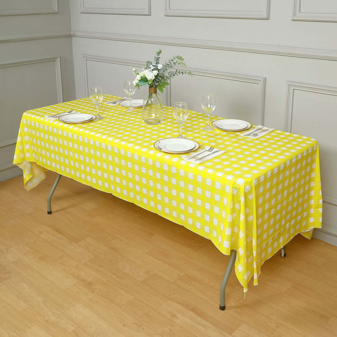 Plastic Table Covers White/Yellow Checkered 54"x108" | eFavormart