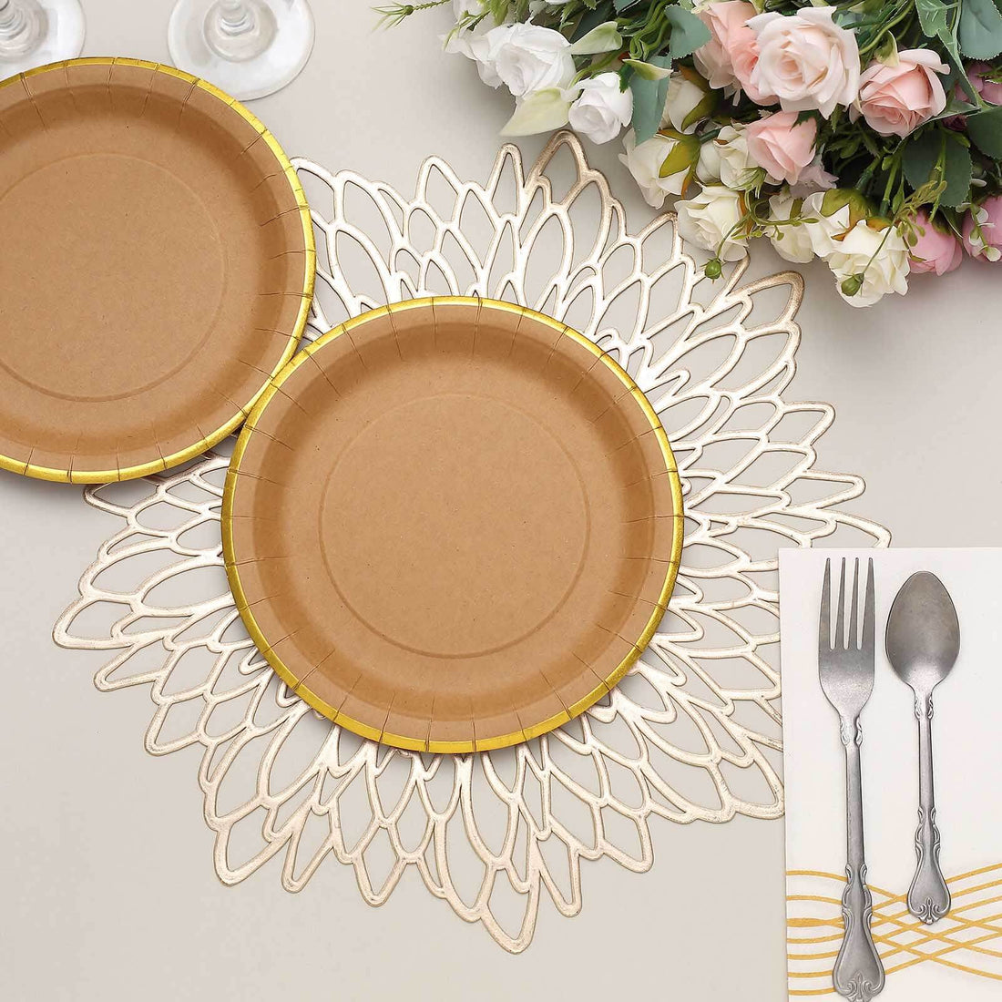 25pk 8in Plates Kraft Paper Gold Rim Brown | eFavormart