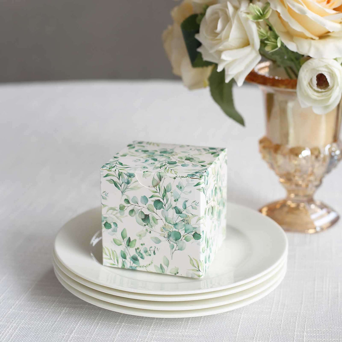 25-Pack White Green Eucalyptus Gift Boxes 3"x3"x3" | eFavormart