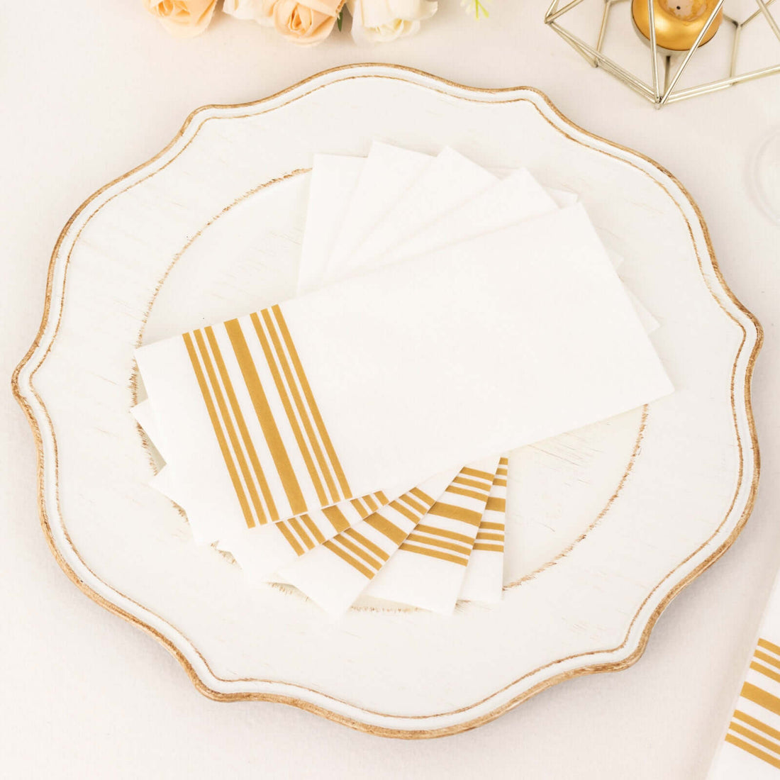 Linen-Like Paper Guest Towels 8"x4" White with Gold Lines | eFavormart