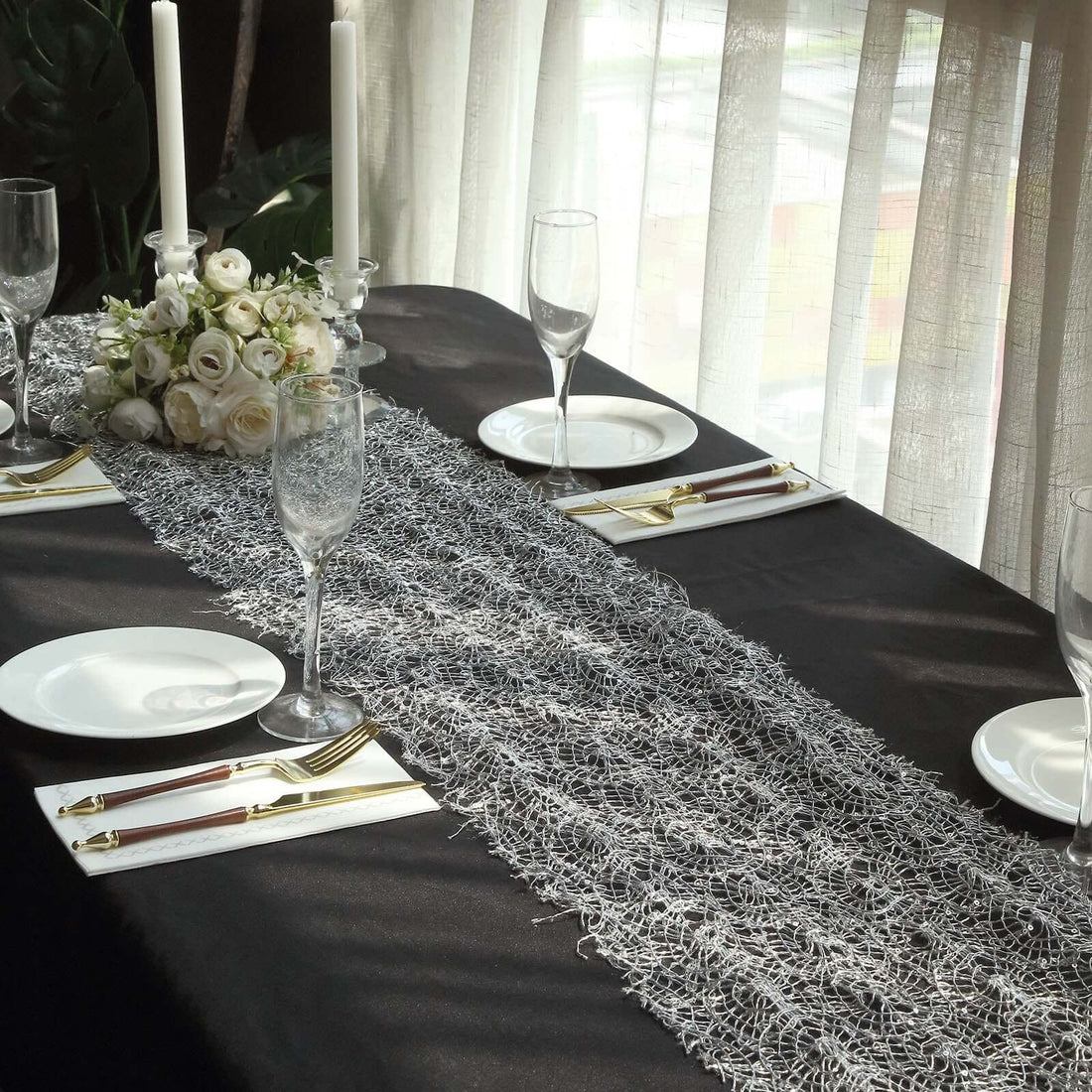 Schiffli Lace Table Runner 12"x108" Silver | eFavormart