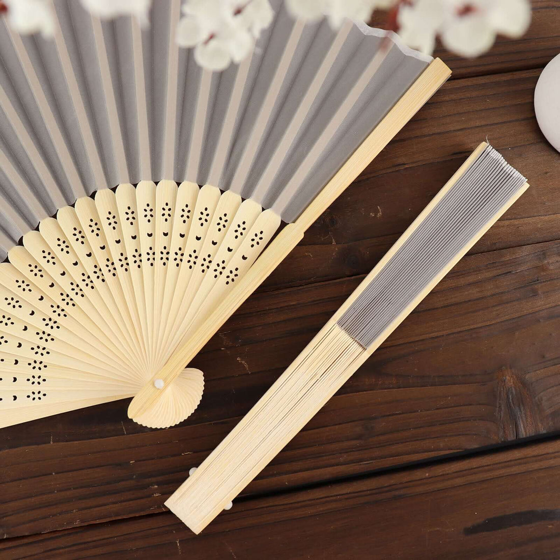 5-Pack Silver Asian Silk Folding Fans | eFavormart
