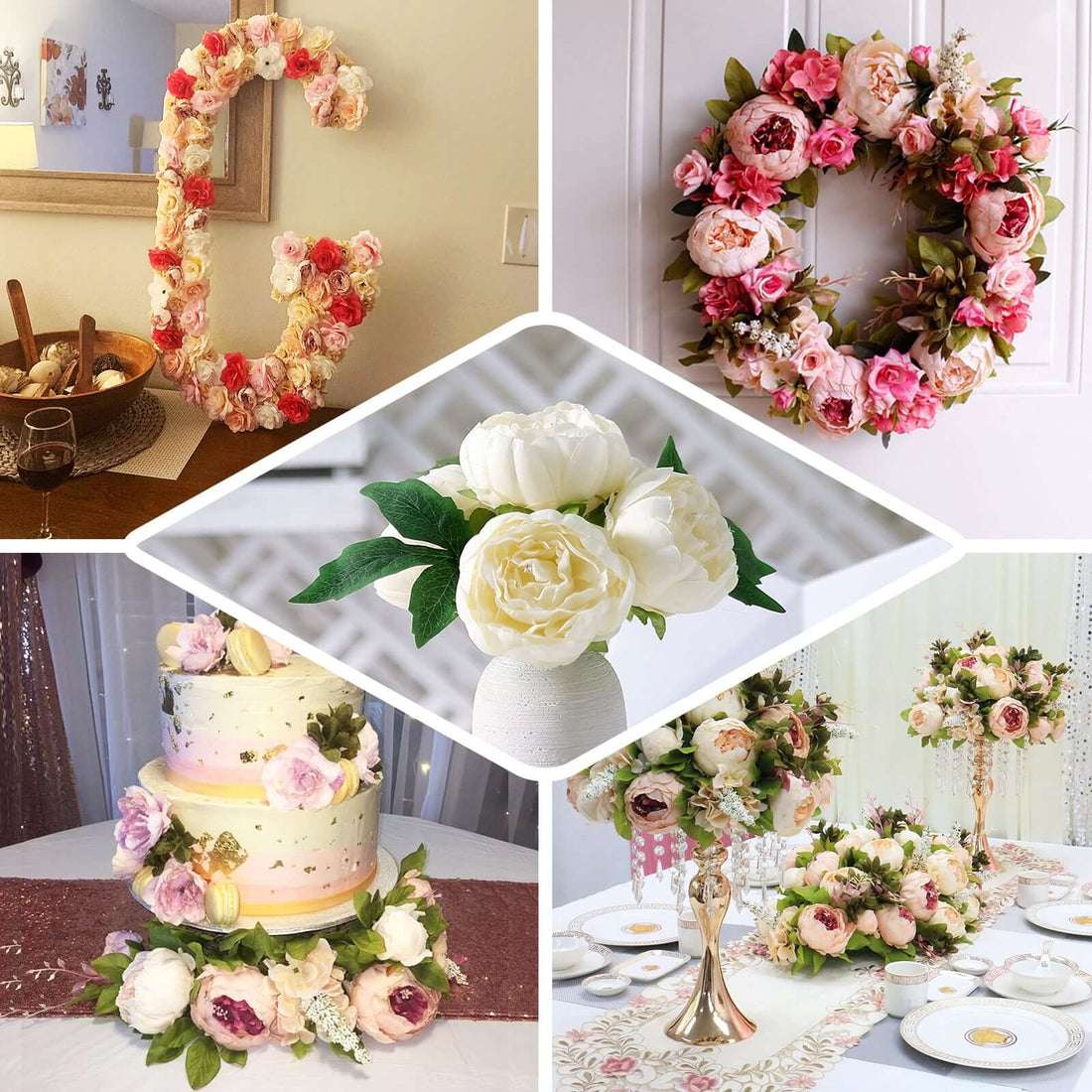 Beige Peony Silk Flower Bouquet - 5 Peony Heads | eFavormart