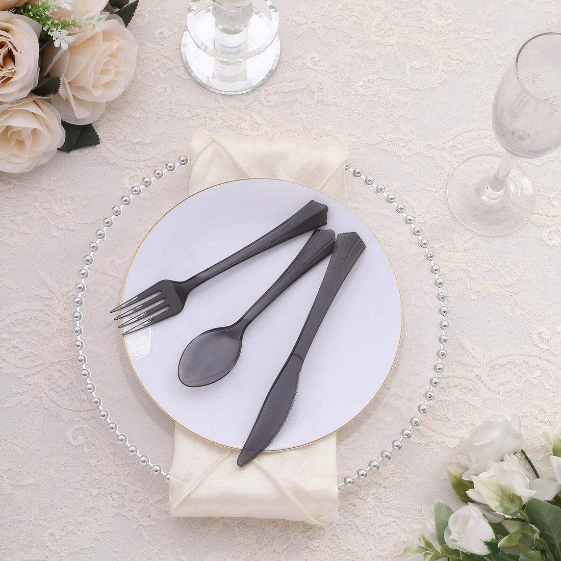Plastic Silverware Set 7" Fan Flared Transparent Black | eFavormart