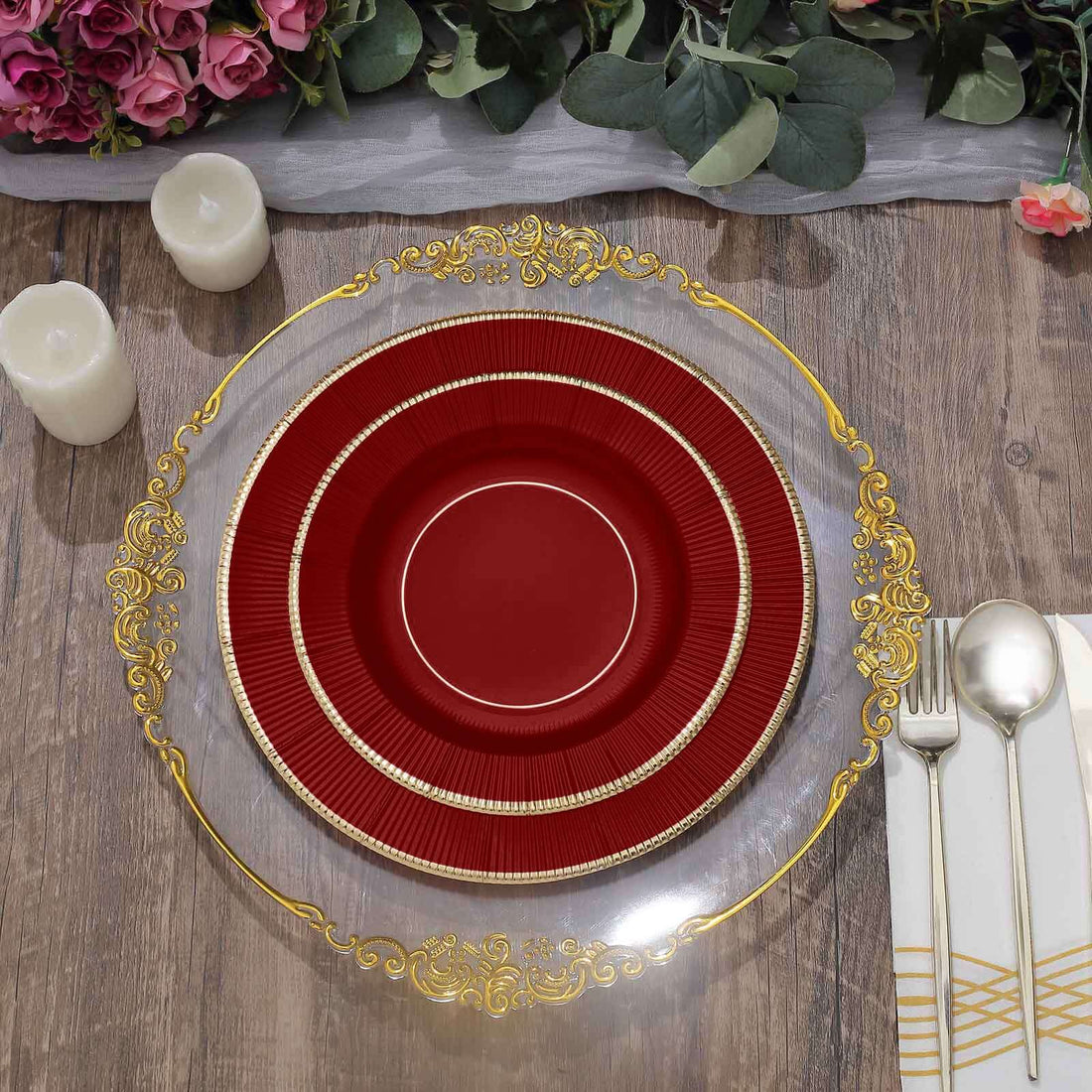 25pk 10in Paper Dinner Plates 350GSM Burgundy | eFavormart