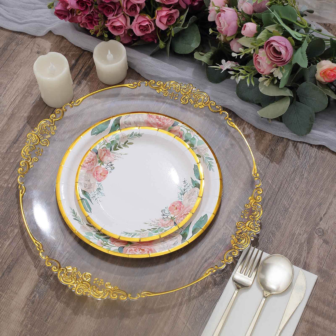 25pk 7in Round Plates Paper Gold Rim White | eFavormart