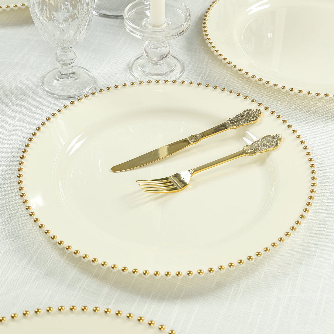 Ivory Gold Charger Plates 13" Round Beaded Rim | eFavormart