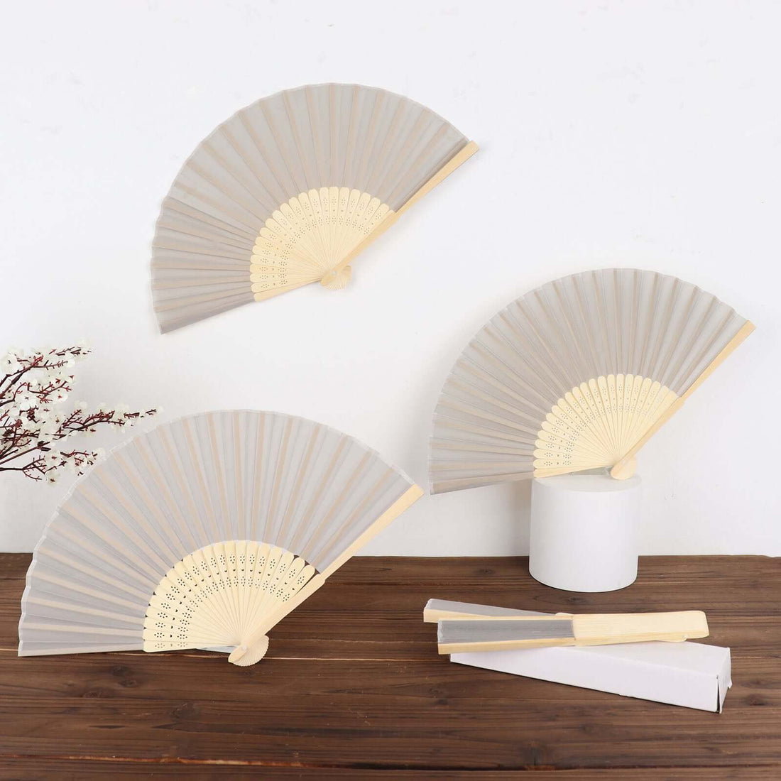 5-Pack Silver Asian Silk Folding Fans | eFavormart