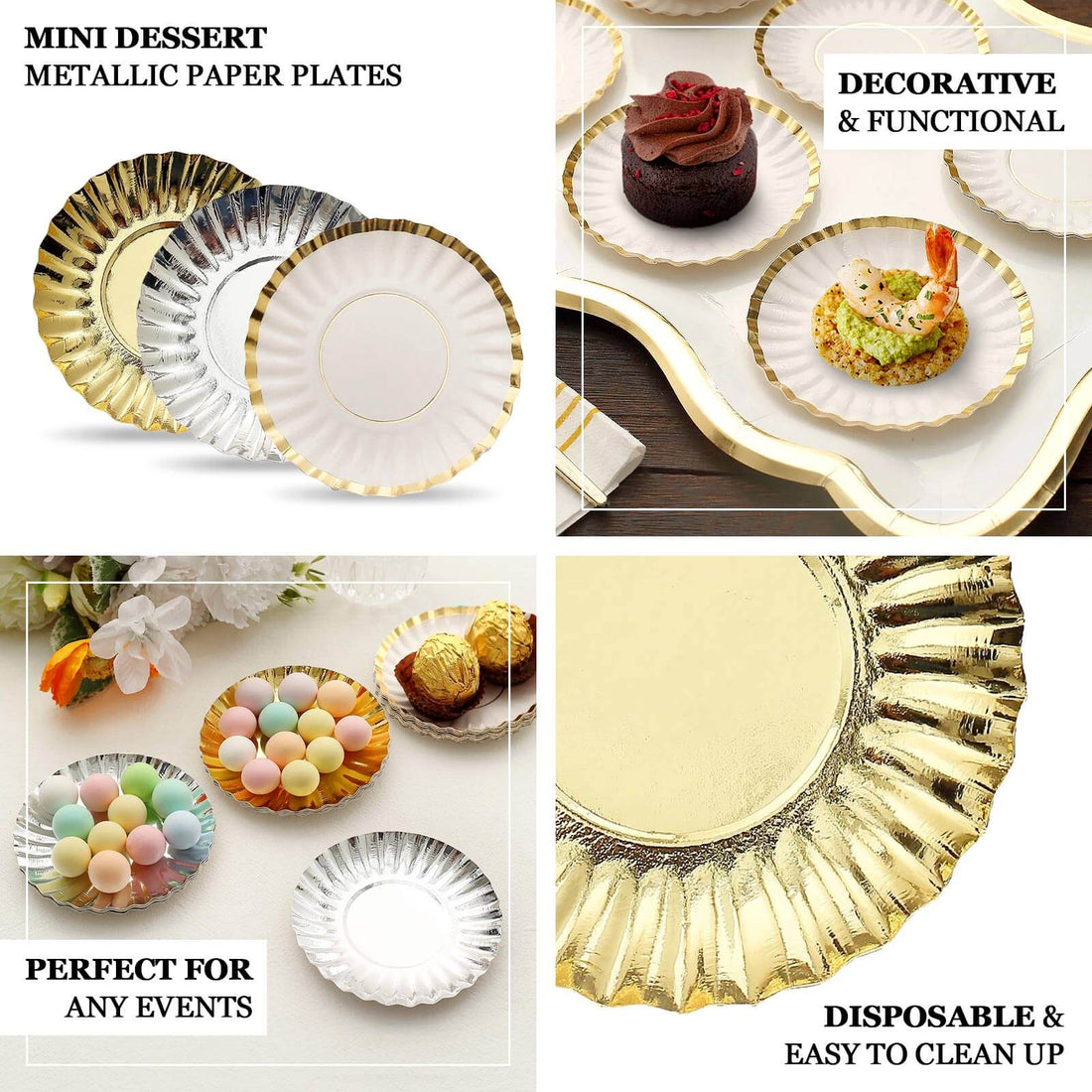 Mini Paper Dessert Plates 3.5" White Gold Scalloped Rim | eFavormart