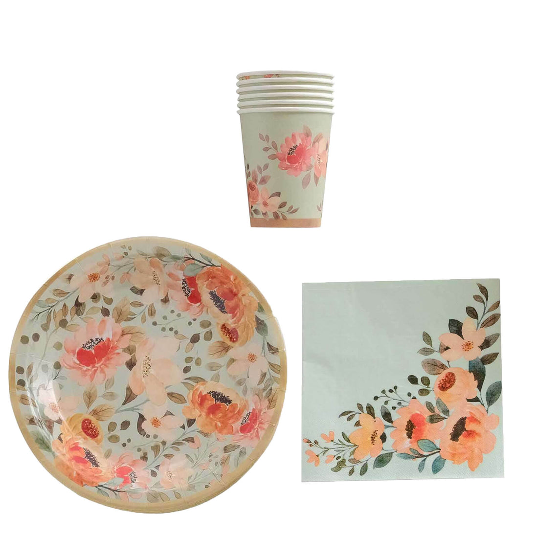 Paper Dinnerware Set Sage Green with Pink Floral Print | eFavormart