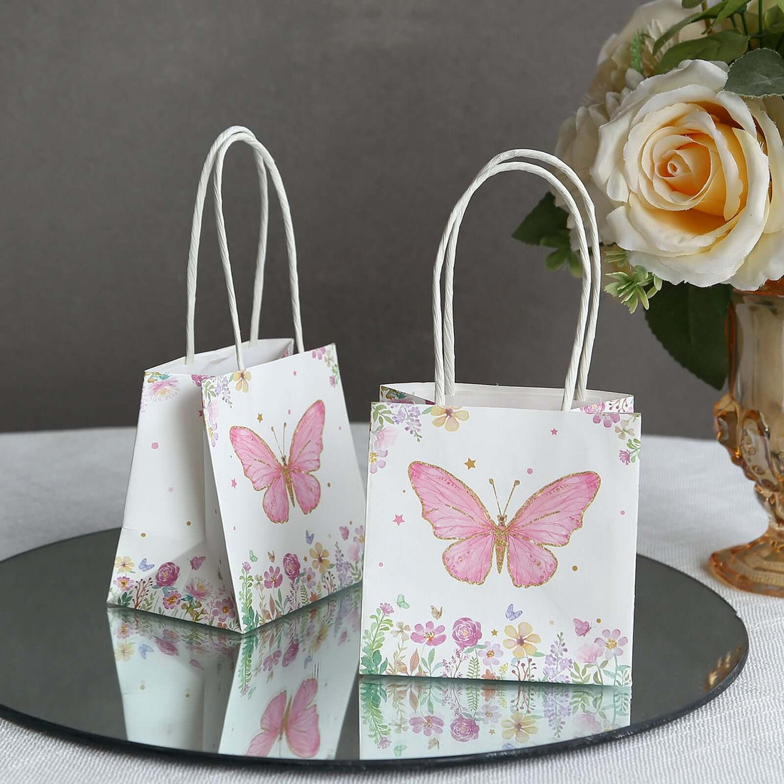 12 Pack Pink Glitter Butterfly Gift Bags | eFavormart