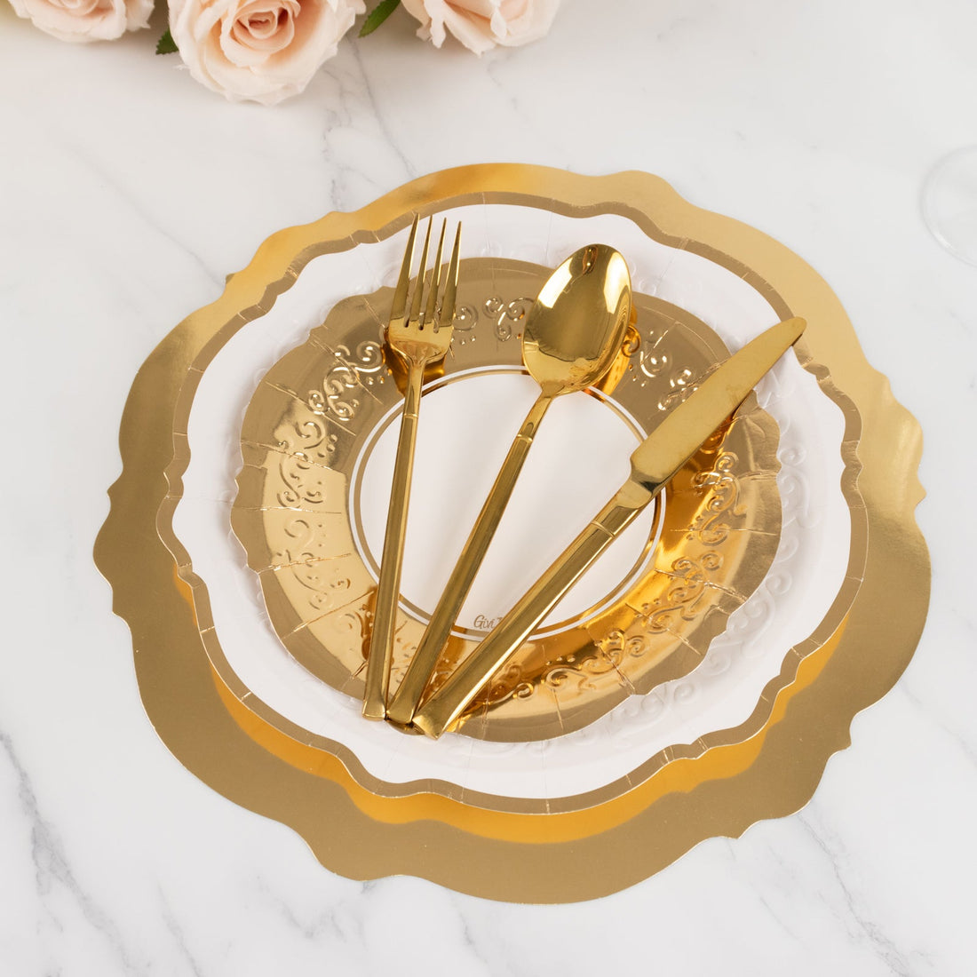 Paper Charger Plates Gold Embossed Scalloped Rim | eFavormart
