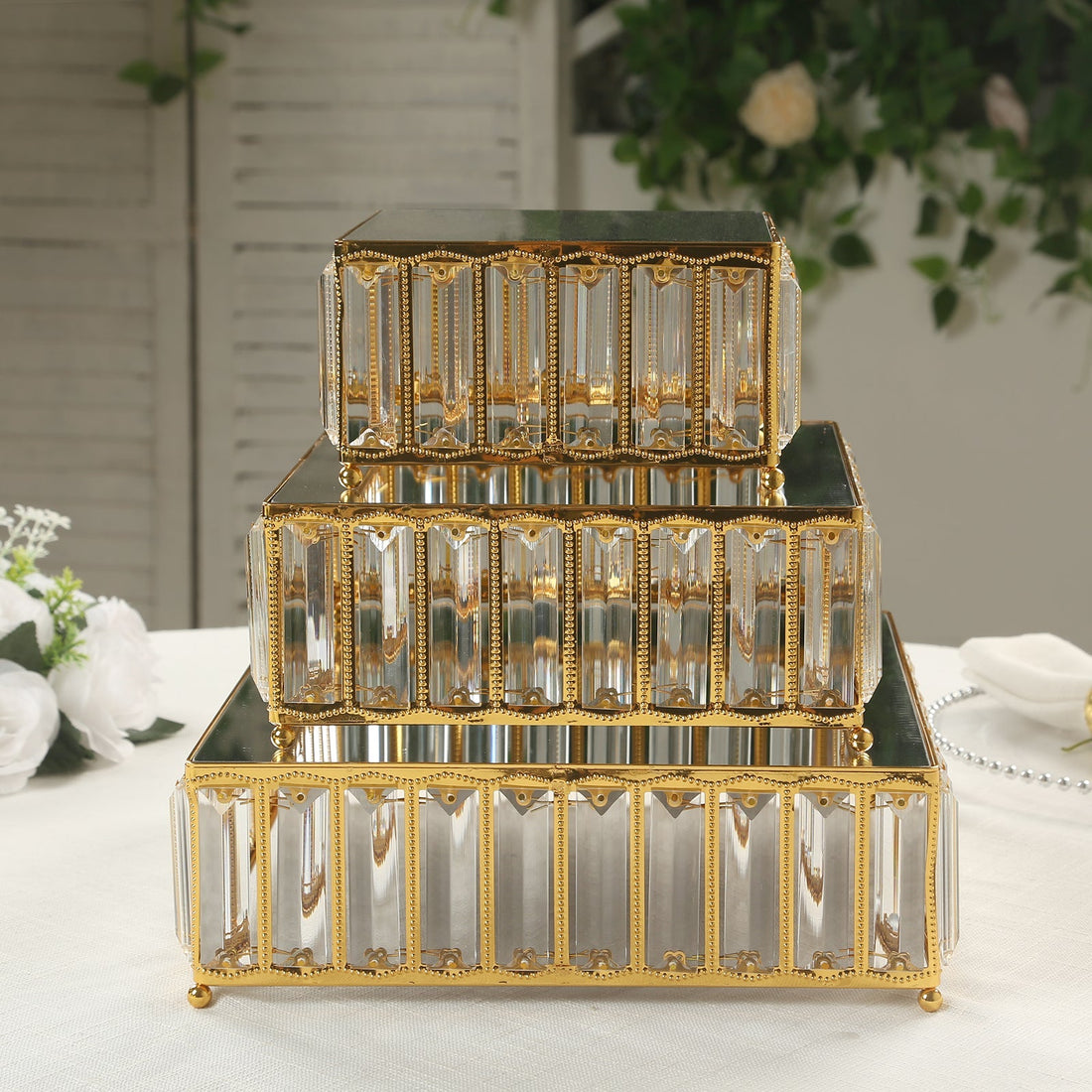 Gold Square Crystal Pendant Cake Stands | eFavormart