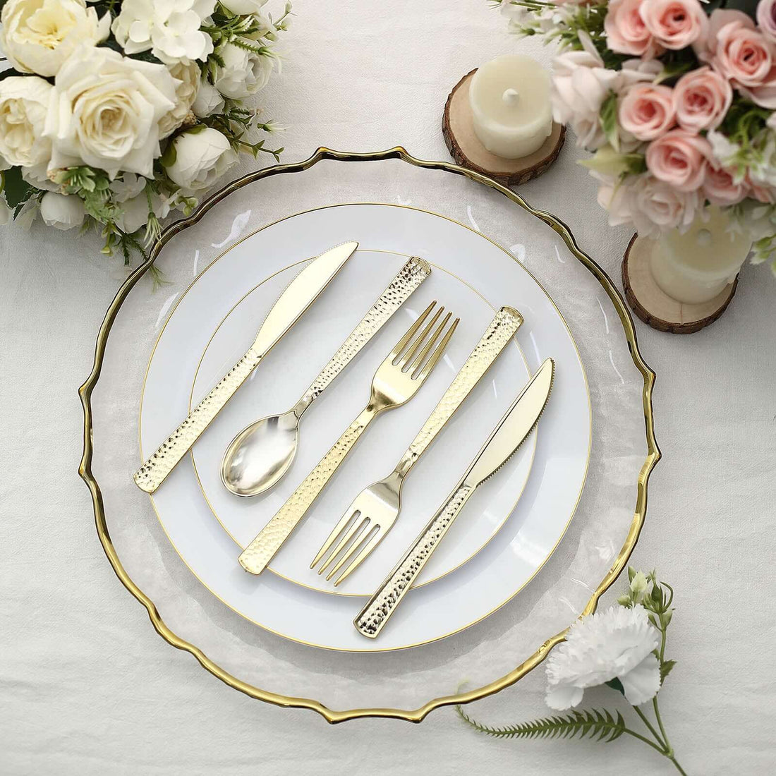 Plastic Silverware Set 7" Gold with Hammered Design | eFavormart