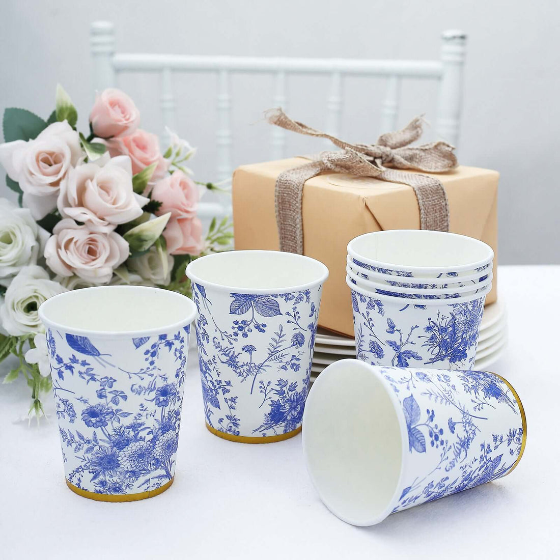 French Toile Paper Cups 9oz White/Light Blue | eFavormart
