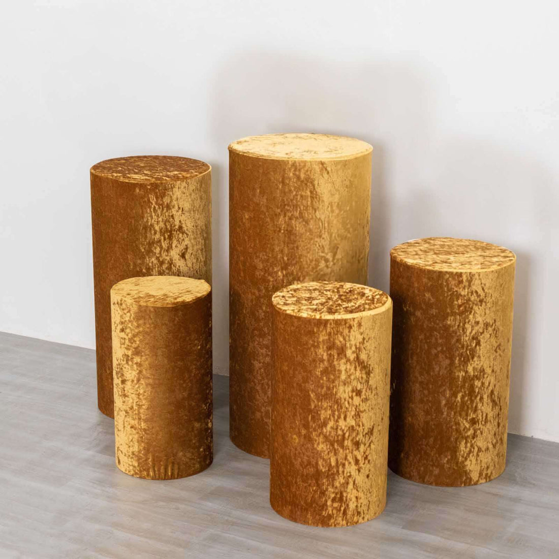 5 Gold Crushed Velvet Cylinder Pillar Prop Covers | eFavormart