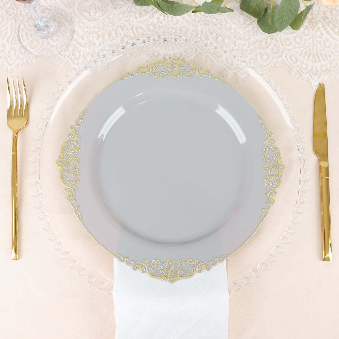 Leaf Embossed Rim Plastic 10" Dinner Plates Gray/Gold | eFavormart